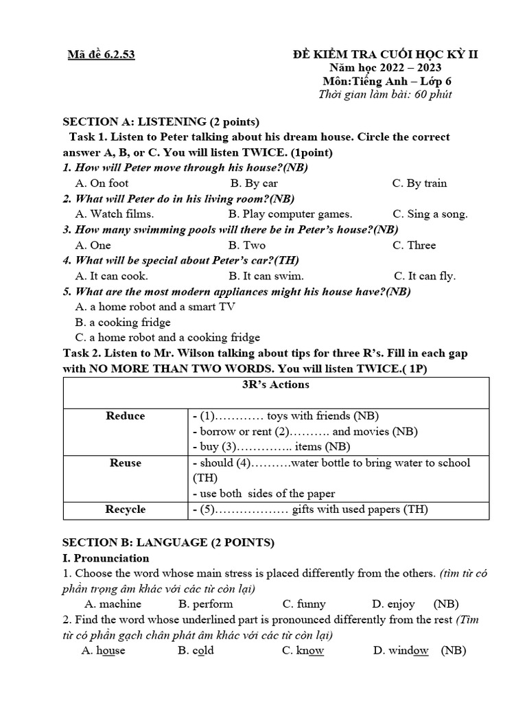 ĐỀ KT CUỐI KÌ II- ANH6 | PDF | Radio Frequency Identification
