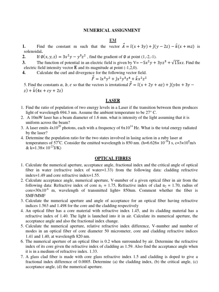 Numerical Problems in Physics Concepts | PDF | Electron | Optical Fiber