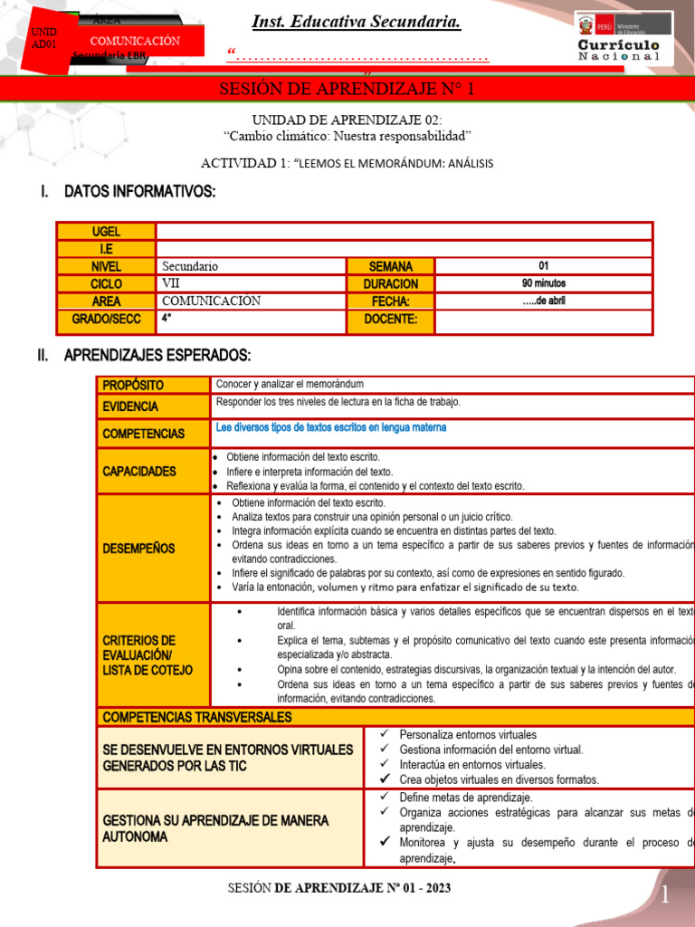4º Com Ses 1 Uni 2 Sem 01 - 2023 | Descargar gratis PDF | Aprendizaje | Evaluación