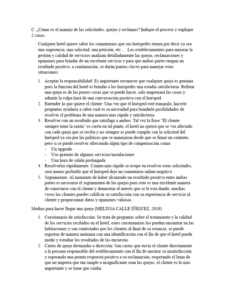 Manejo Efectivo de Quejas en Hoteles | PDF | Hotel | Cuestionario