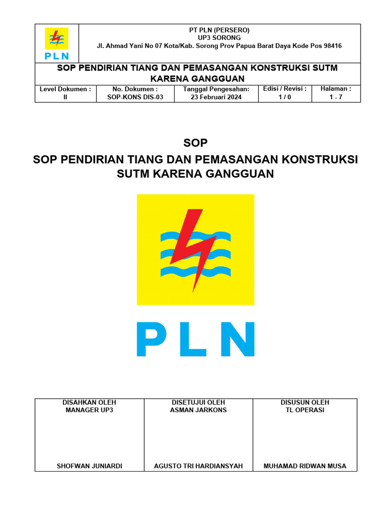 SOP Tiang SUTM PLN Sorong | PDF