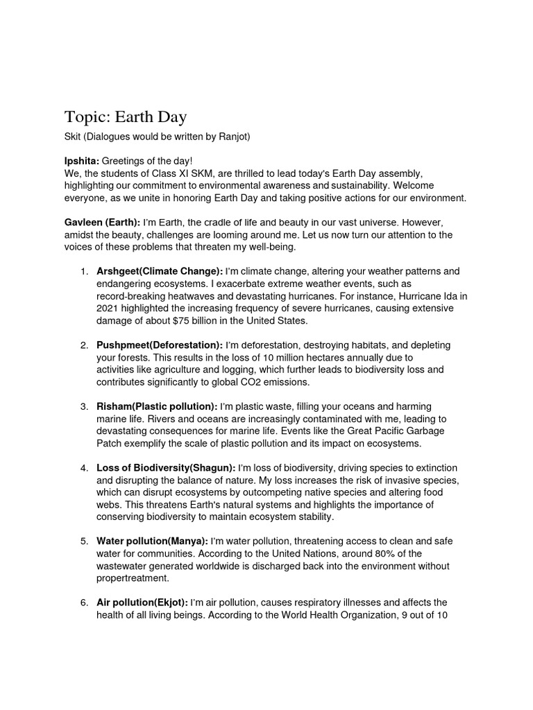 Earth Day Assembly's Script | PDF | Climate Change | Climate Change Mitigation