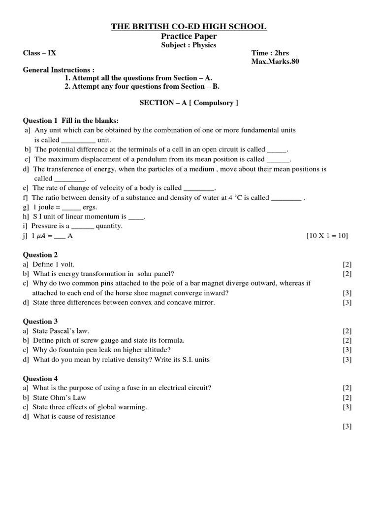 Practice Paper IX | PDF | Force | Acceleration
