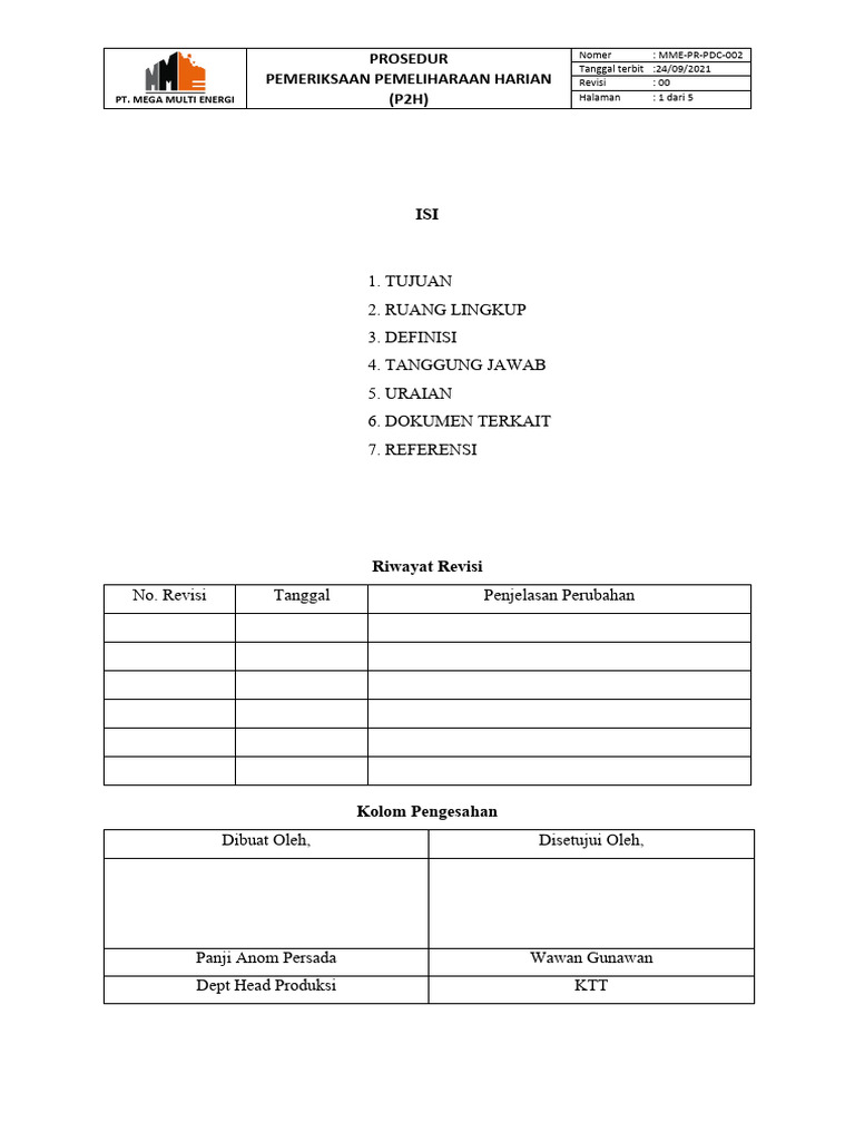 MME-PR-PDC-002 Pemeriksaan Pemeliharaan Harian (P2H) | PDF
