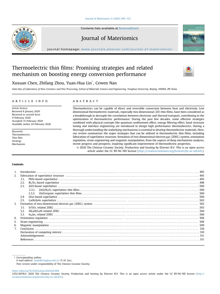 Thermoelectric Thin Films Promising Strategies and Related 2020 Journal ...