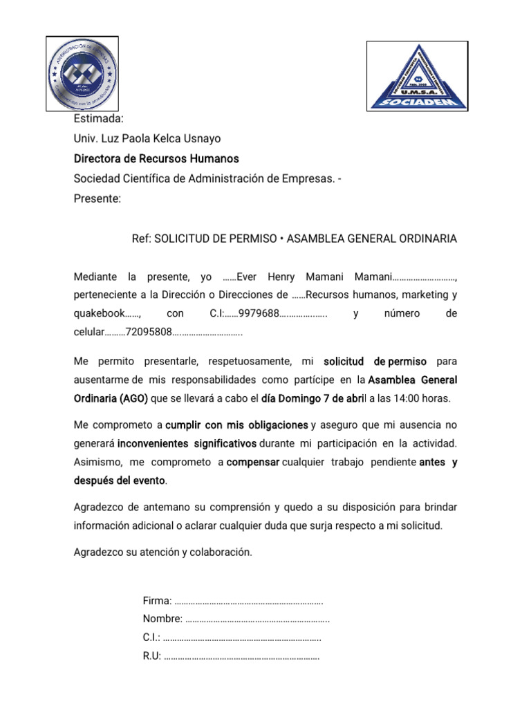 Carta de Solicitud de Permisos | PDF | Crecimiento personal y ...