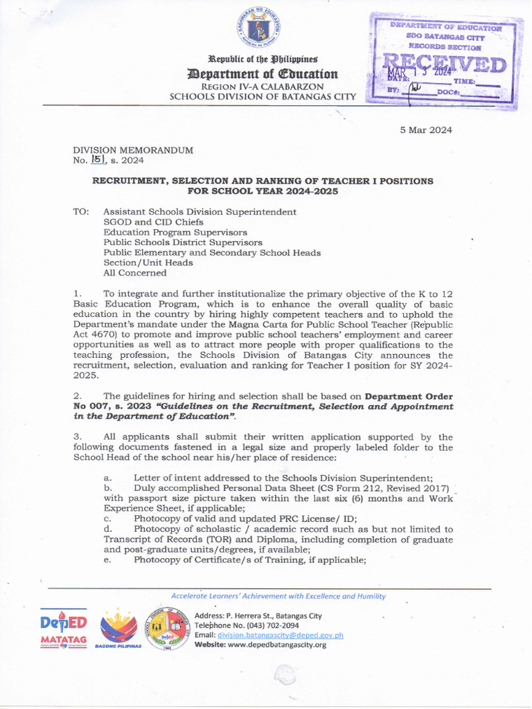 Division Memorandum No. 151 s.2024 Recruitment Selection and Ranking of Teacher I Positions For ...