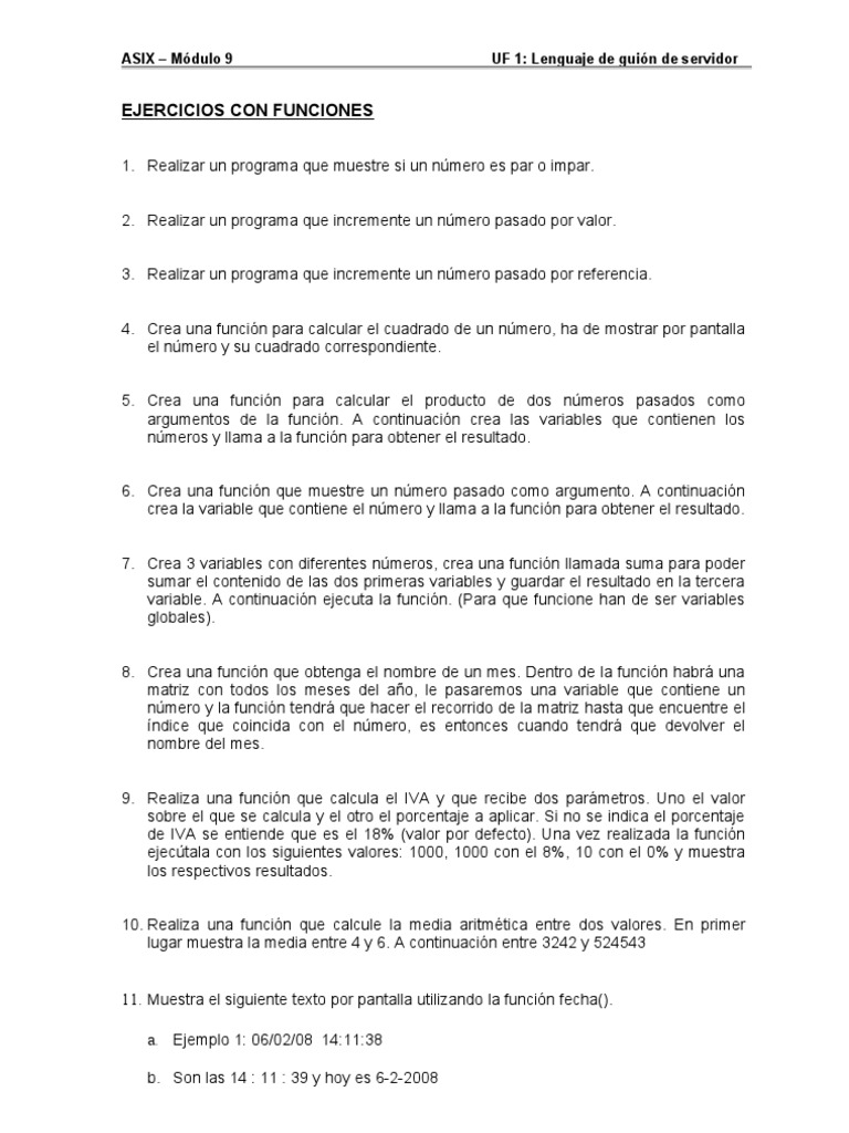 Php Ejercicios De Funciones Pdf