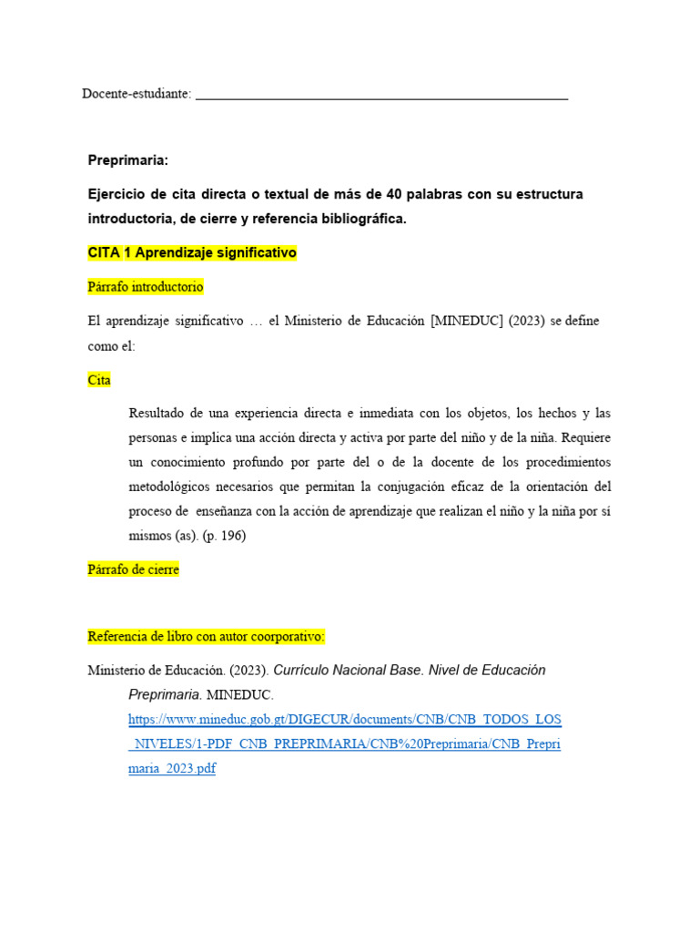 Terminado Ejercicio de Cita y Referencia APA 7a. Edici-N Preprimaria | Descargar gratis PDF ...