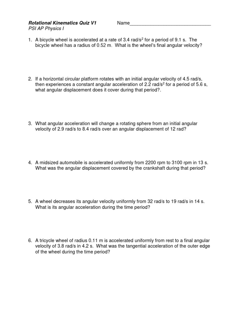 Ap Phys1 - Rotational Kinematics Quiz v1 - 2014 11 17 | PDF ...