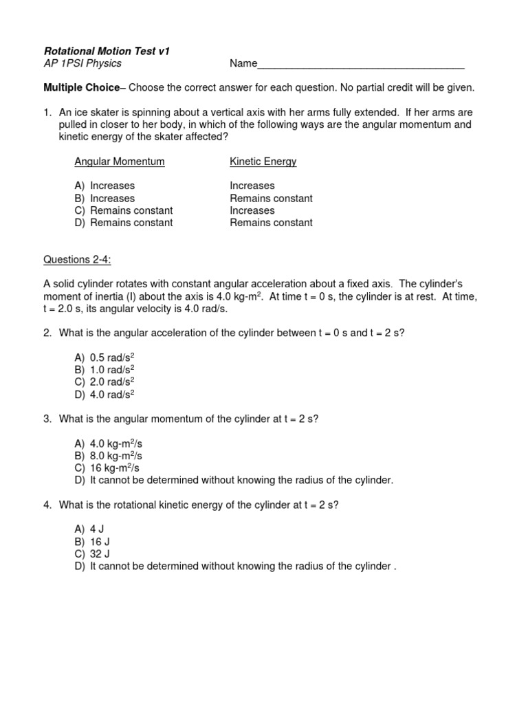 Ap Phys1 - Test Rotational Motion v1 - 2023 05 04 | PDF | Rotation ...