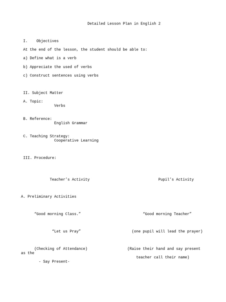 Detailed Lesson Plan Verbs | PDF | Lesson Plan | Noun