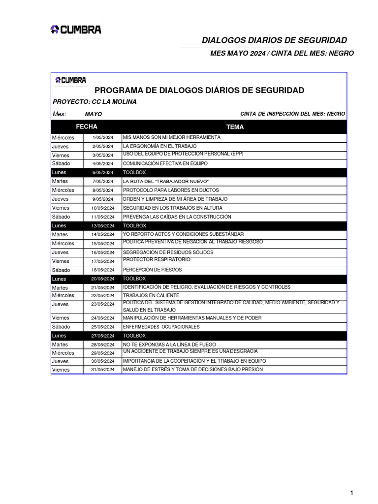 Diálogos Diarios De Seguridad Mayo Cumbra Pdf Residuos
