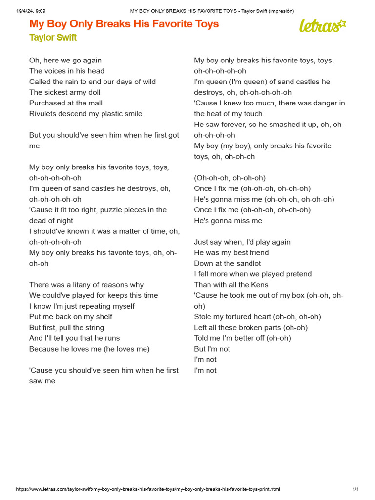3 MY BOY ONLY BREAKS HIS FAVORITE TOYS - Taylor Swift (Impresión) | PDF ...