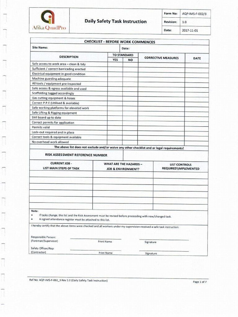 Daily Safety Task Instruction | PDF