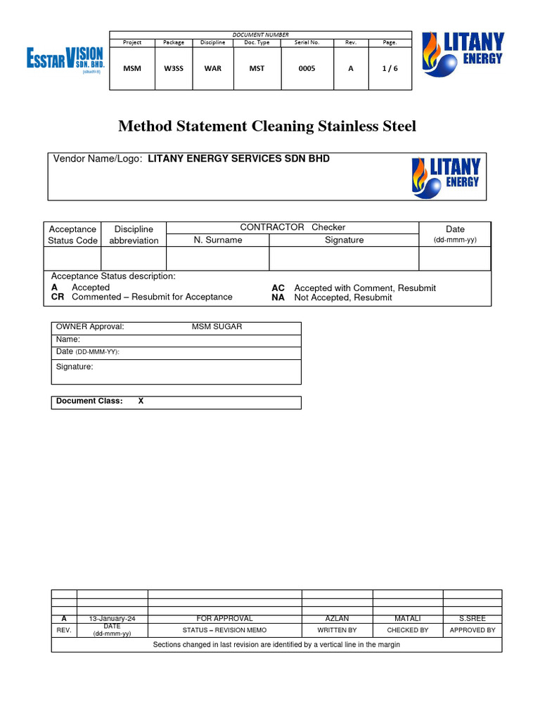 MSM CVY CON MST 0005 Rev.a Method Statement Cleaning Stainless Steel ...