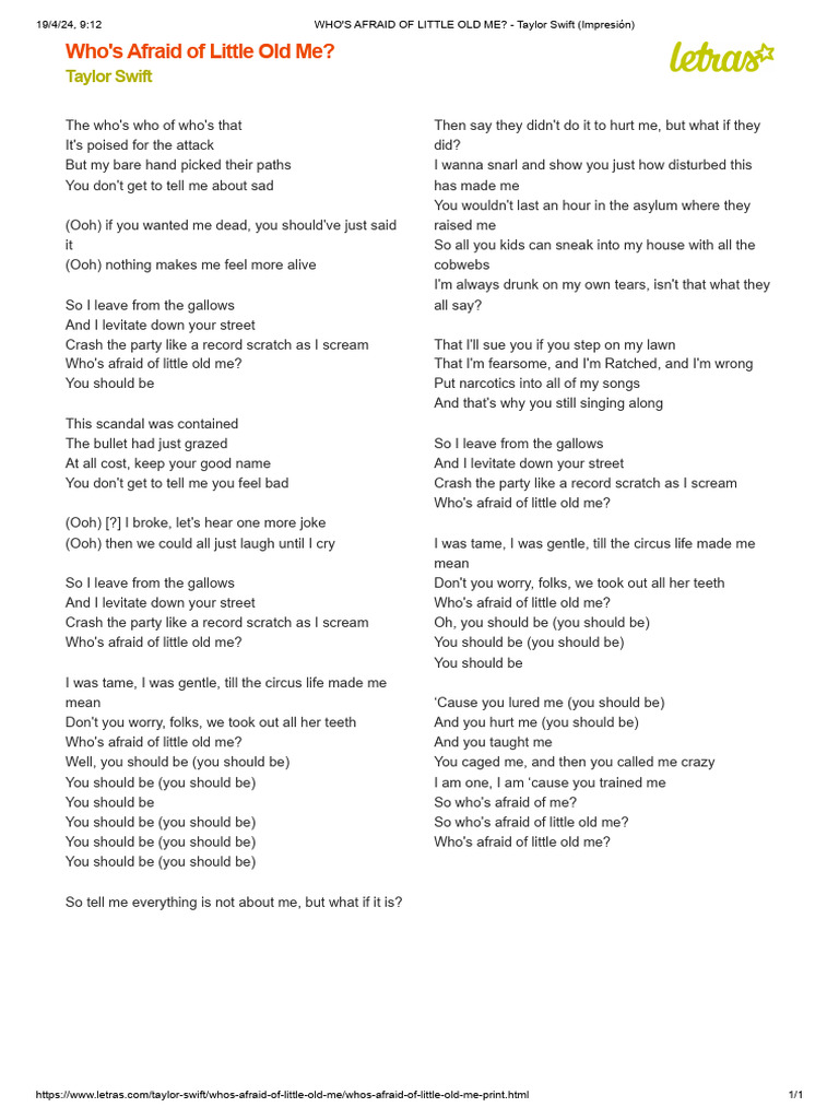 10 WHO'S AFRAID OF LITTLE OLD ME - Taylor Swift (Impresión) | PDF