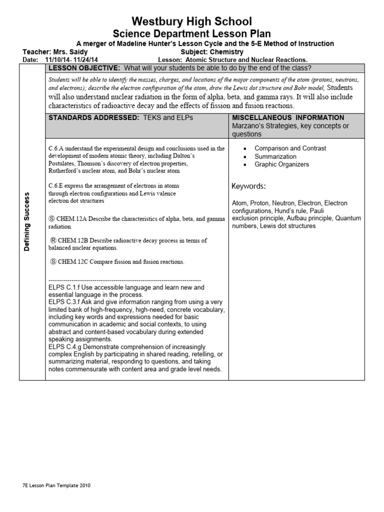Atomic Structure Lesson Plan | PDF | Atoms | Electron