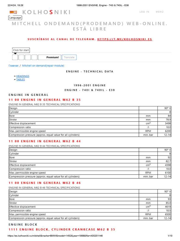 m62 Engine Specs 740i & 740il - E38 | PDF | Piston | Engineering Tolerance