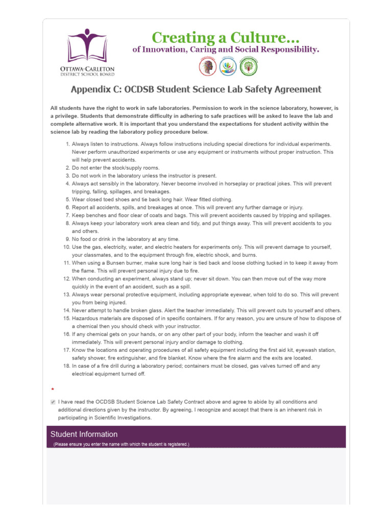 Appendix C - OCDSB Student Science Lab Safety Agree | PDF | Laboratories | Safety