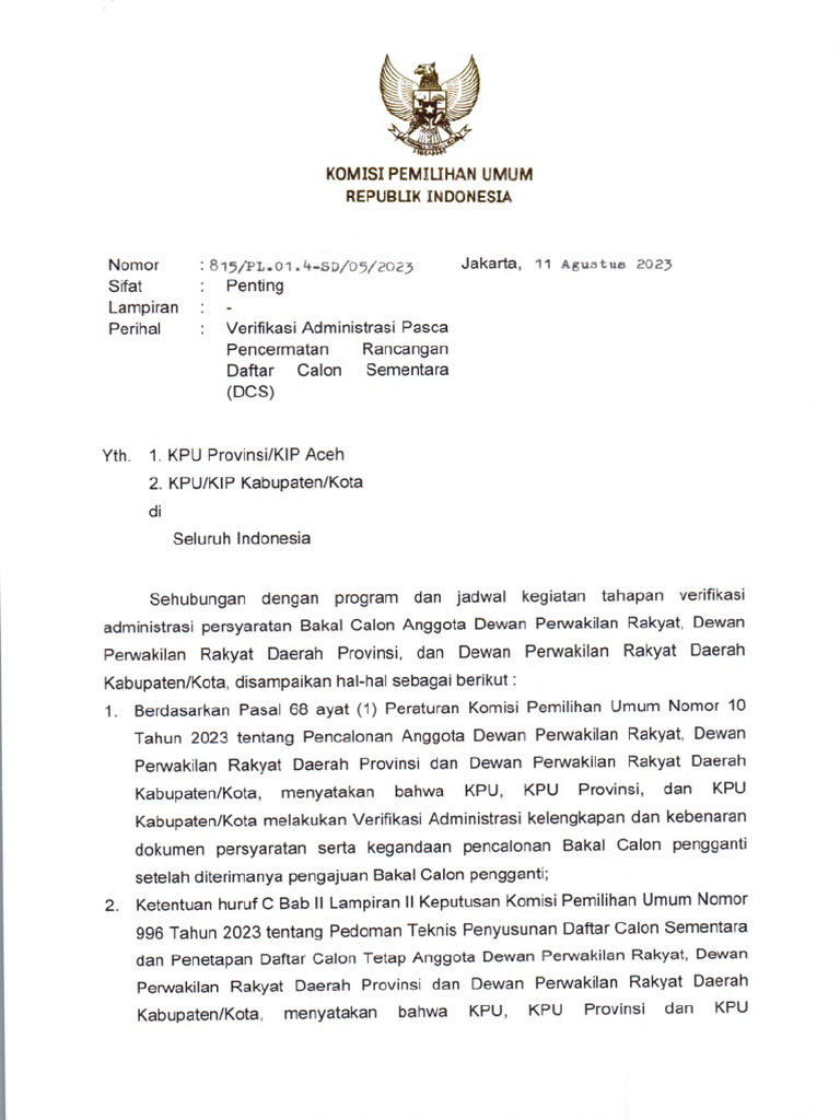 815 SD Ketua Kepada KPU Provinsi KIP Aceh Dan KPU KIP Kabupaten Kota Verifikasi Administrasi ...
