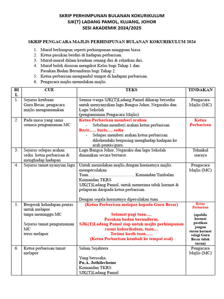 Skrip Pengacara Majlis Perhimpunan Bulanan Kokurikulum 2024 | PDF