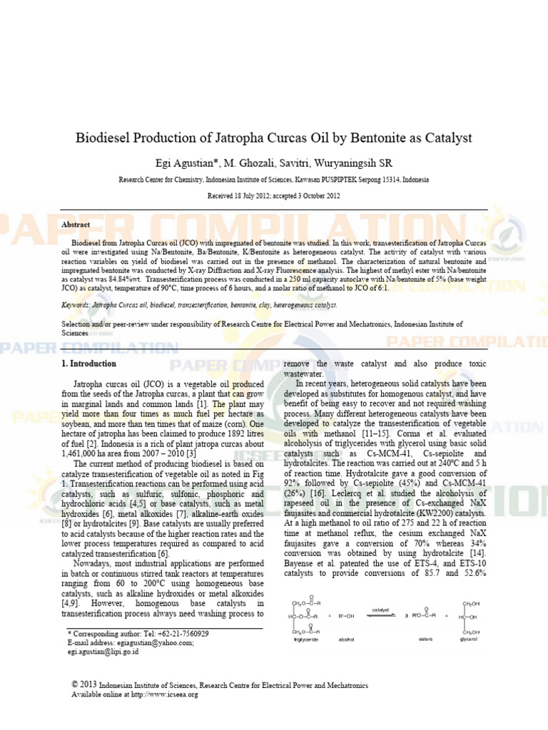 Agustian, Ghozali, SR - 2013 - Biodiesel Production of Jatropha Curcas Oil by Bentonite As ...