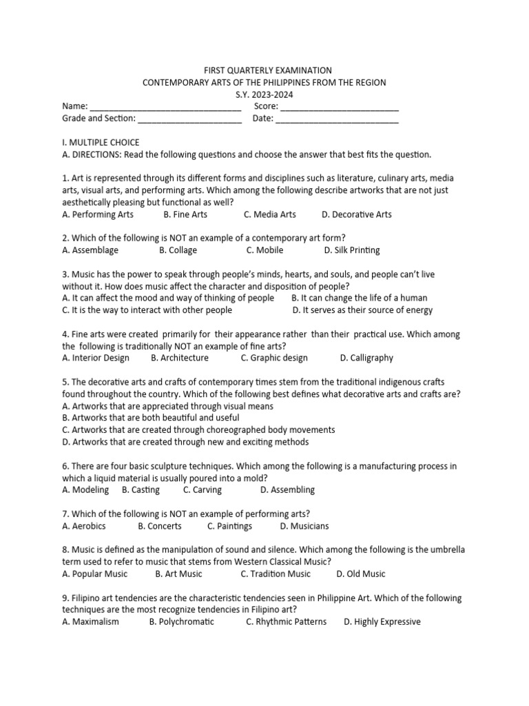First Quarterly Examination | PDF | The Arts | Fine Art