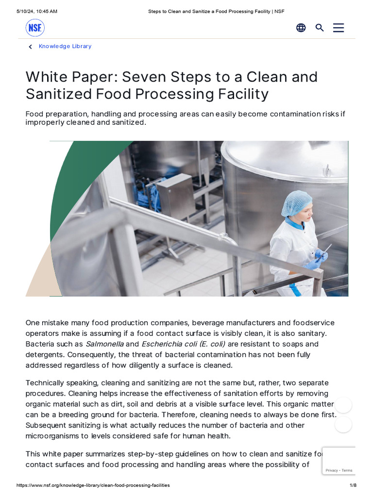 Steps To Clean and Sanitize A Food Processing Facility | PDF | Disinfectant | Food Safety