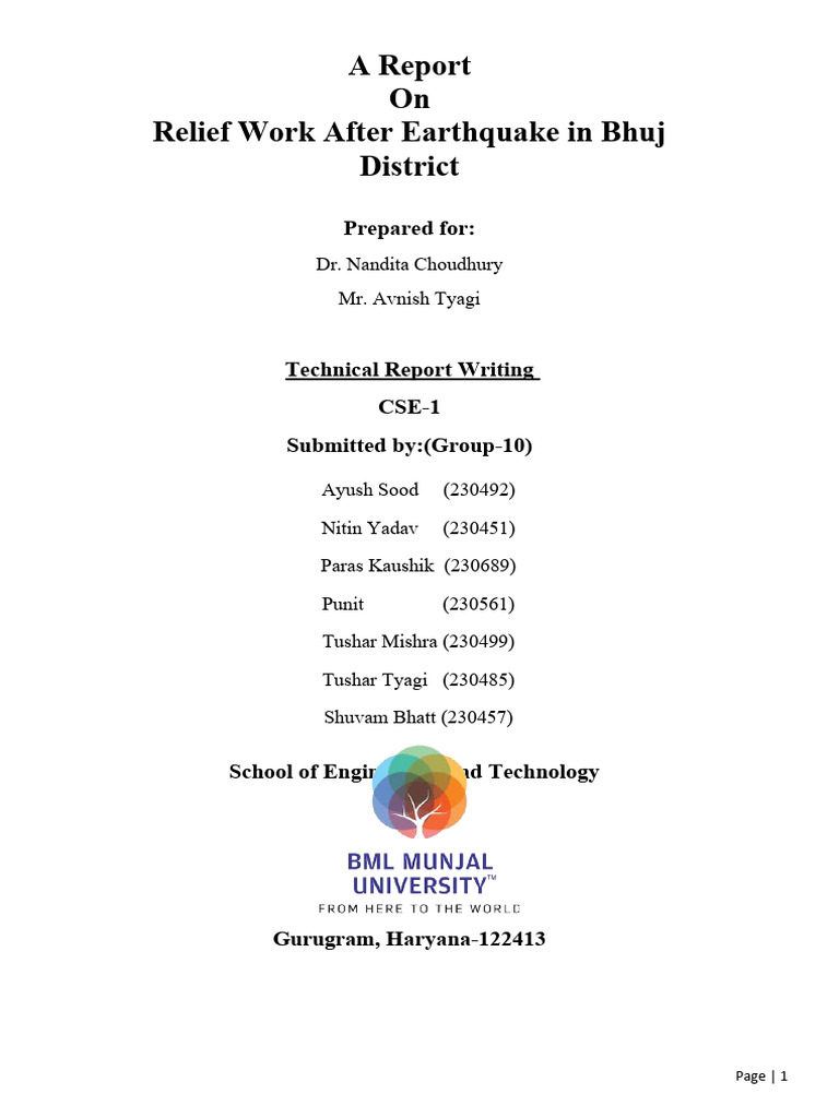 A Report On Relief Work After Earthquake in Bhuj District: Prepared For ...