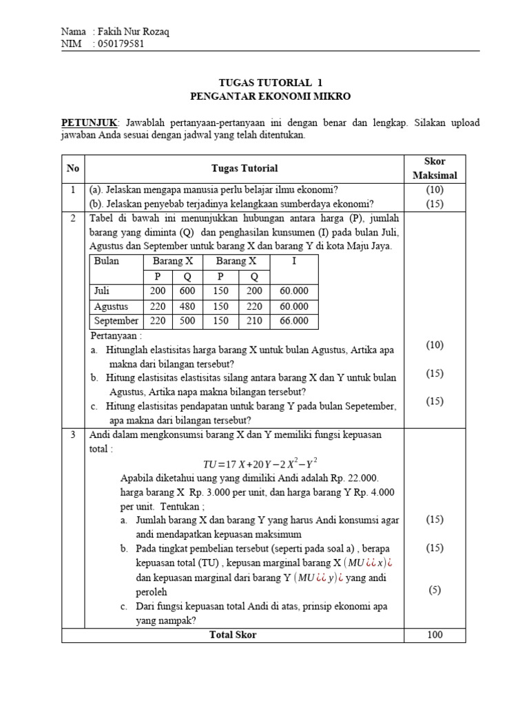 Tugas. 1 Pengantar Ekonomi Mikro | PDF