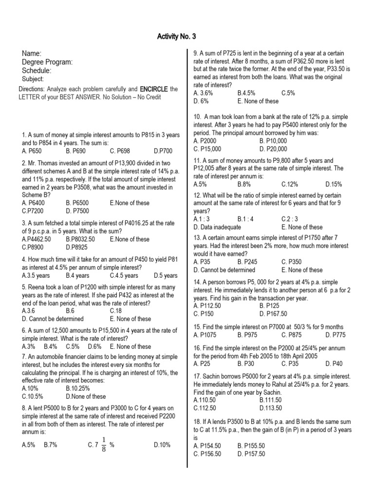 Simple Interest Activity 3 | PDF | Interest | Interest Rates