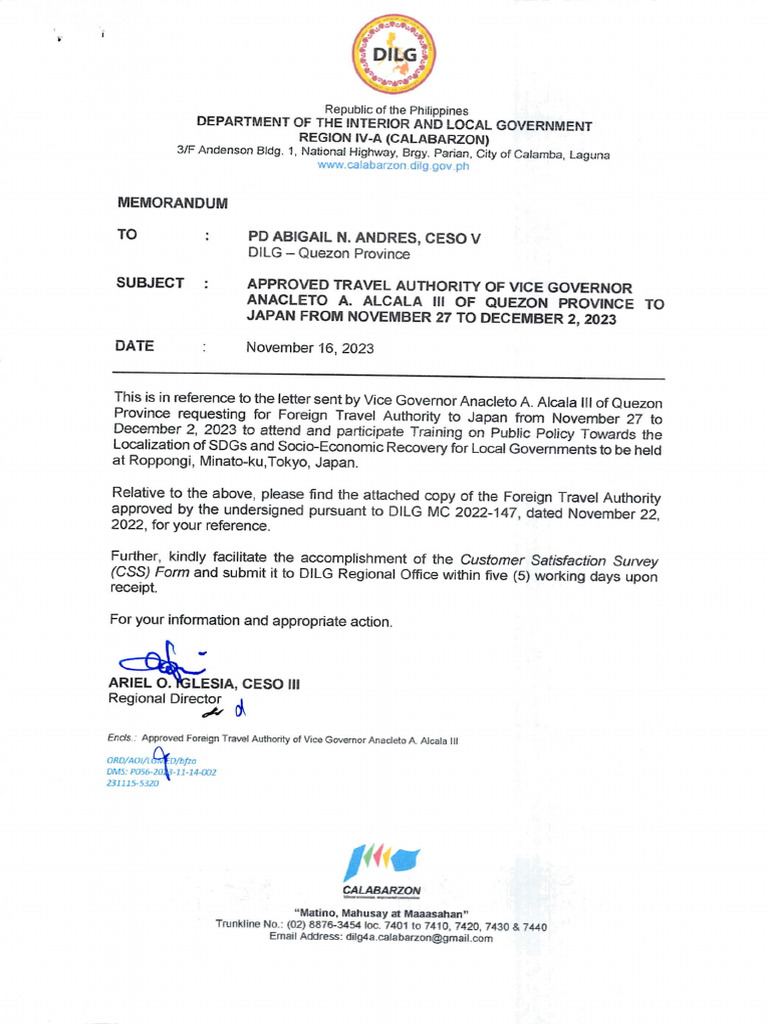 Signed Approved FTA Vice Governor Alcala Quezon Province Japan | PDF