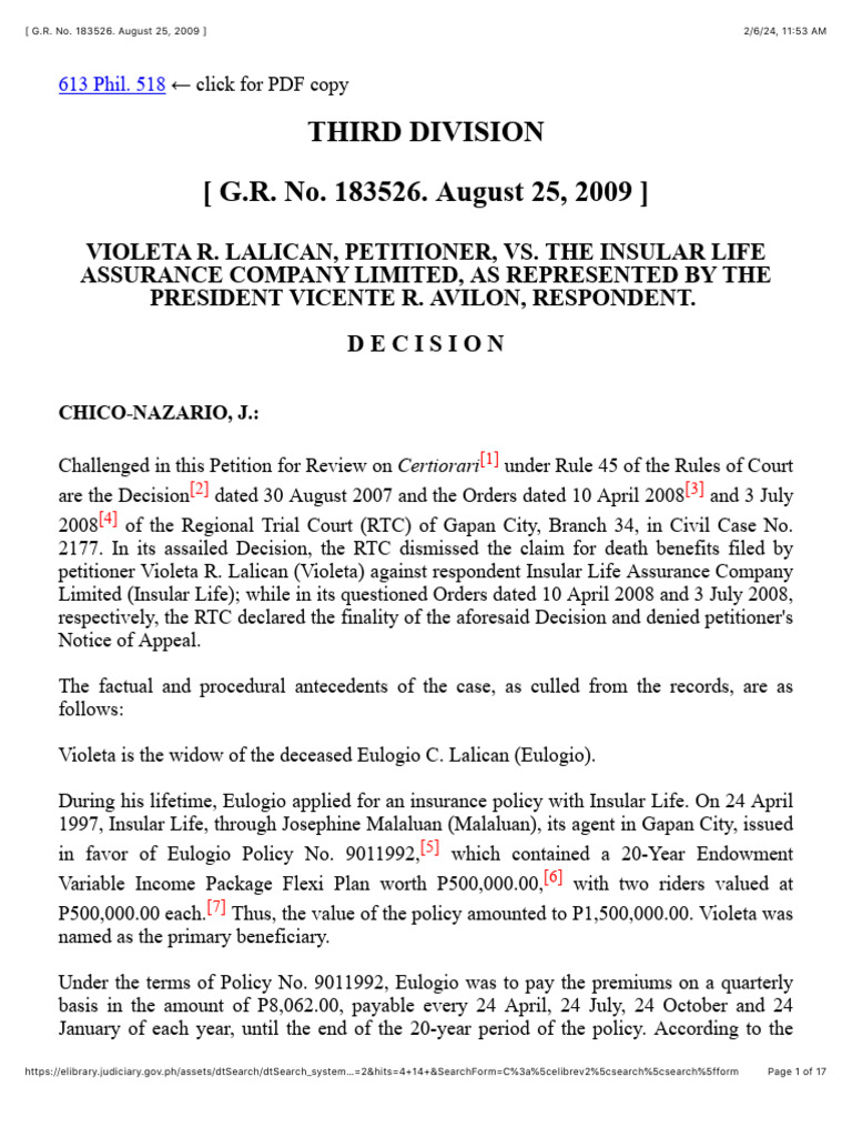 Insular Life Assurance Case Summary | PDF | Appeal | Lawsuit