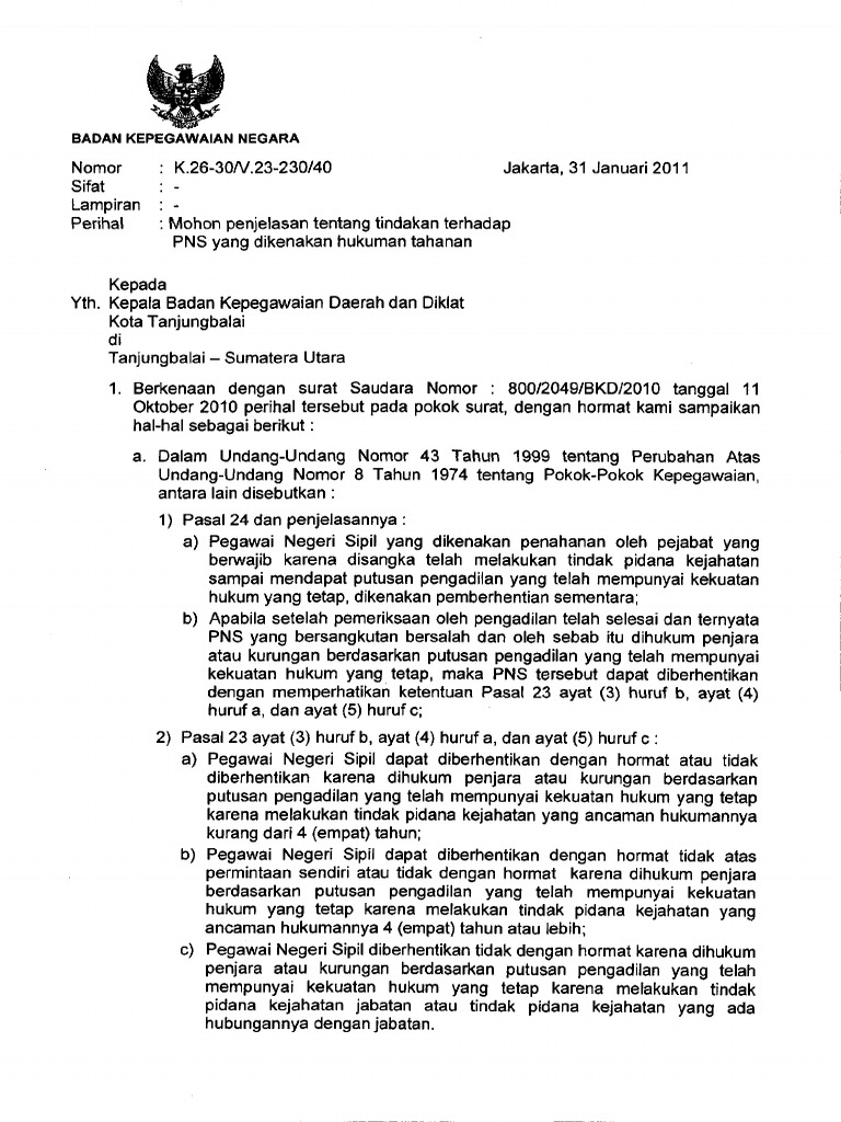 Surat Kepala BKN Nomor K.26-30 V.23-230 40@mohon Penjelasan Tentang Tindakan Terhadap PNS Yang ...