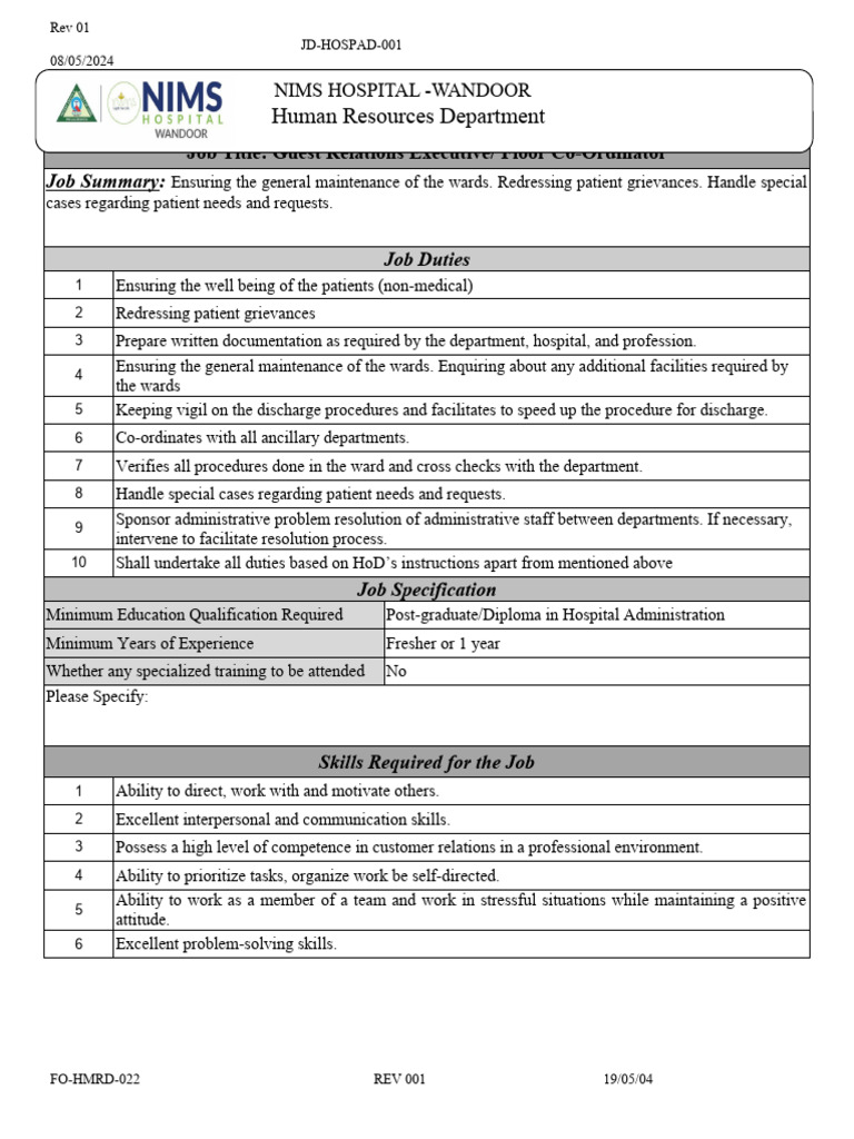 Guest Relations Executive Job Description | PDF | Career & Growth