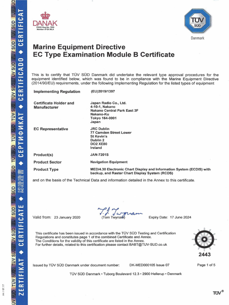 ECDIS JRC JAN 7201S MED B Cert 23 1 2020 | PDF | Regulation