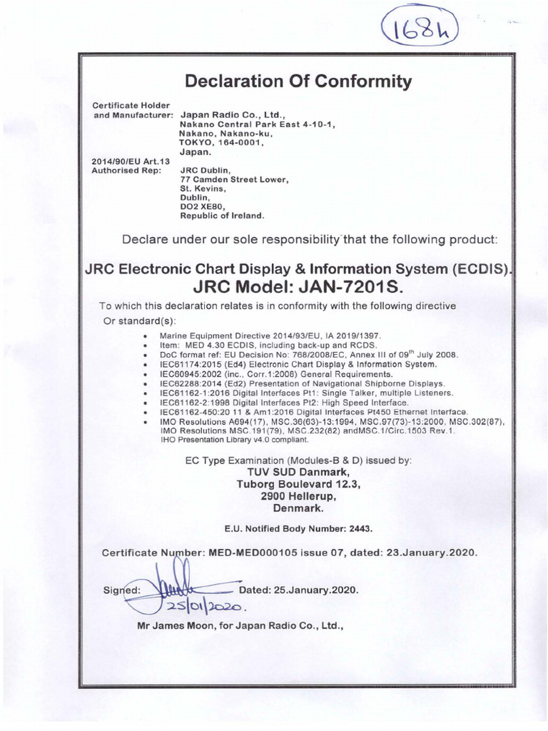 ECDIS JRC JAN 7201S MED DoC Cert 25 1 2020 | PDF