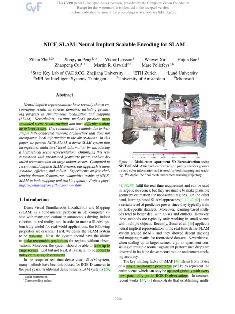 Zhu NICE-SLAM Neural Implicit Scalable Encoding For SLAM CVPR 2022 Paper | PDF | Rendering ...