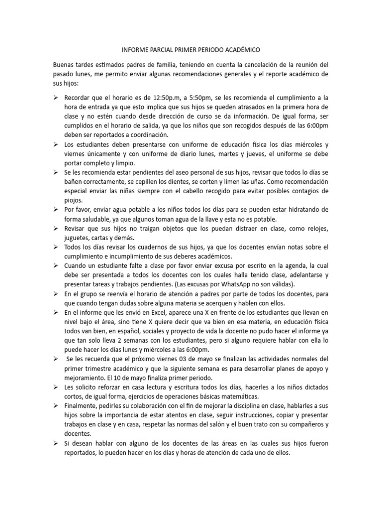 Informe Parcial Primer Periodo Académico | PDF