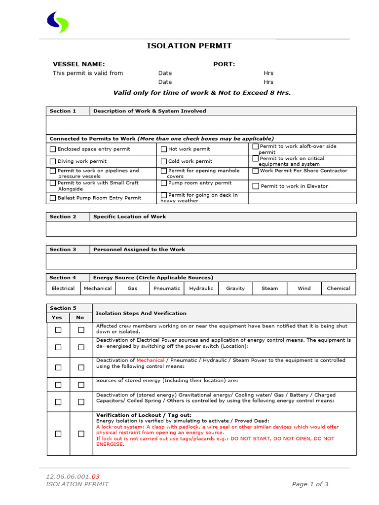 12.06.06.001.03 Isolation Permit | PDF | Potential Energy | Fuse ...