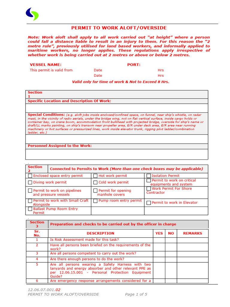 12.06.07.001.02 Permit To Work Aloftover Side | Download Free PDF ...