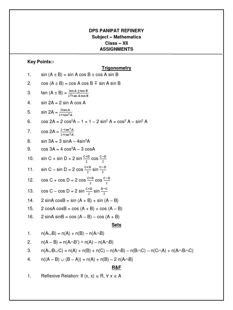 Class 12 Assignment Maths | Download Free PDF | Matrix (Mathematics) | Mathematical Relations