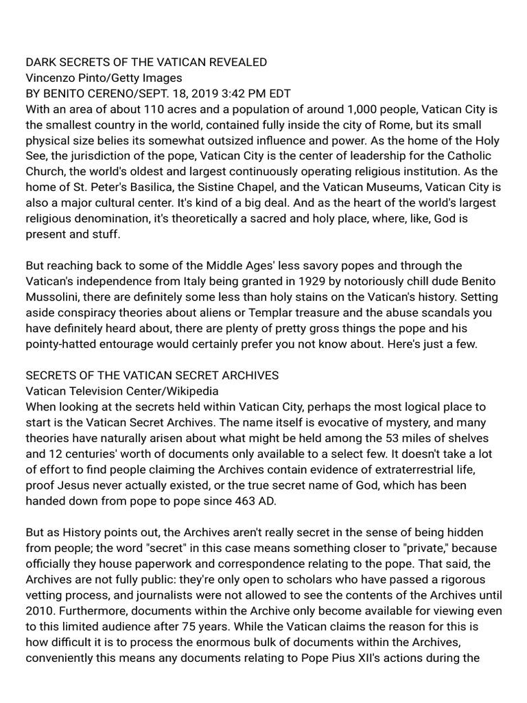 Dark Secrets of The Vatican Revealed | PDF | Pope | Catholic Church