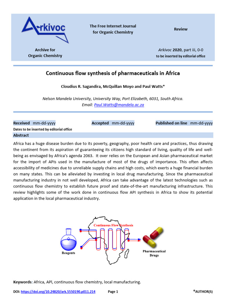Continuous Flow Synthesis of Pharmaceuticals in Af | PDF | Generic Drug | Organic Synthesis