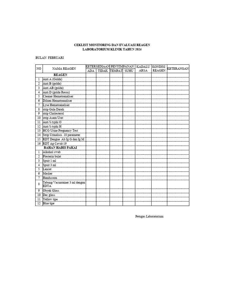 Ceklis Evaluasi Dan Monitoring Reagen | PDF | Body Fluids | Animal Anatomy