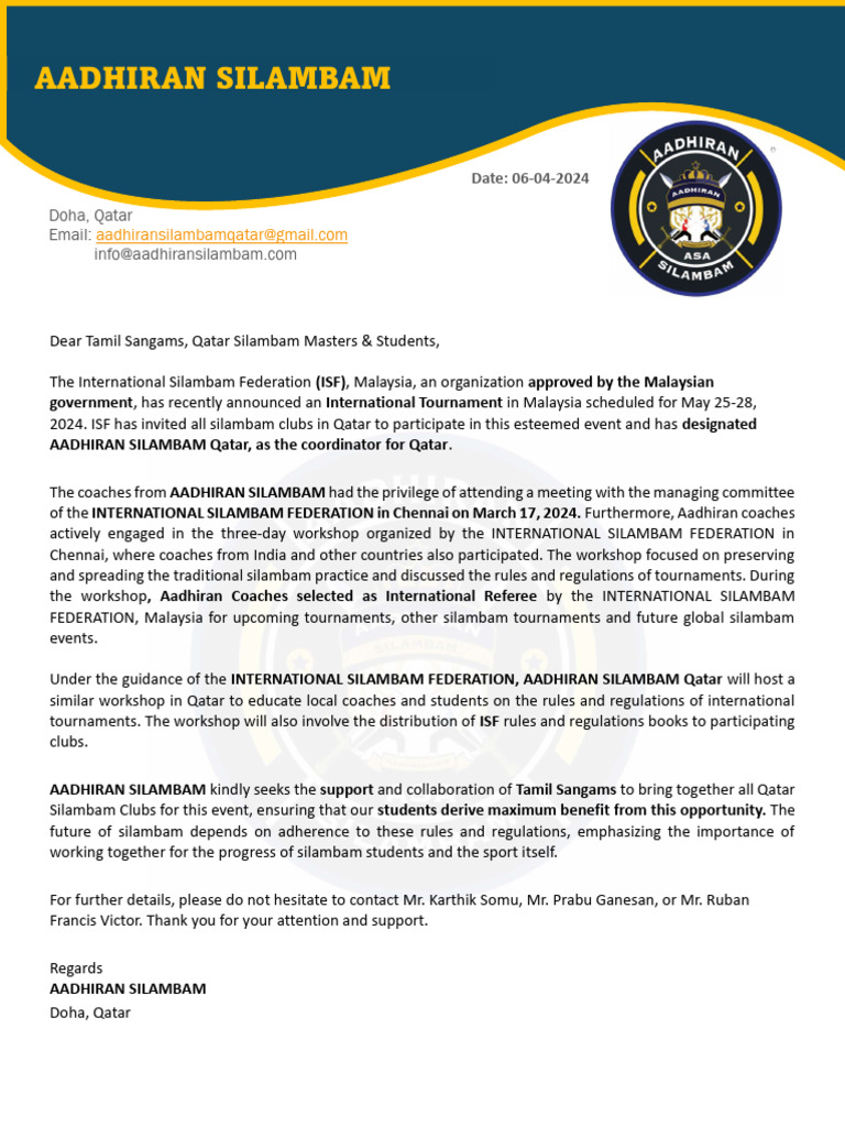 AADHIRAN SILAMBAM Letter To Qatar Sangams & Silamb - 240407 - 003800 ...