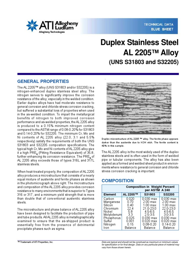 Duplex Stainless Steel AL 2205™ Alloy: (UNS S31803 and S32205) | PDF ...