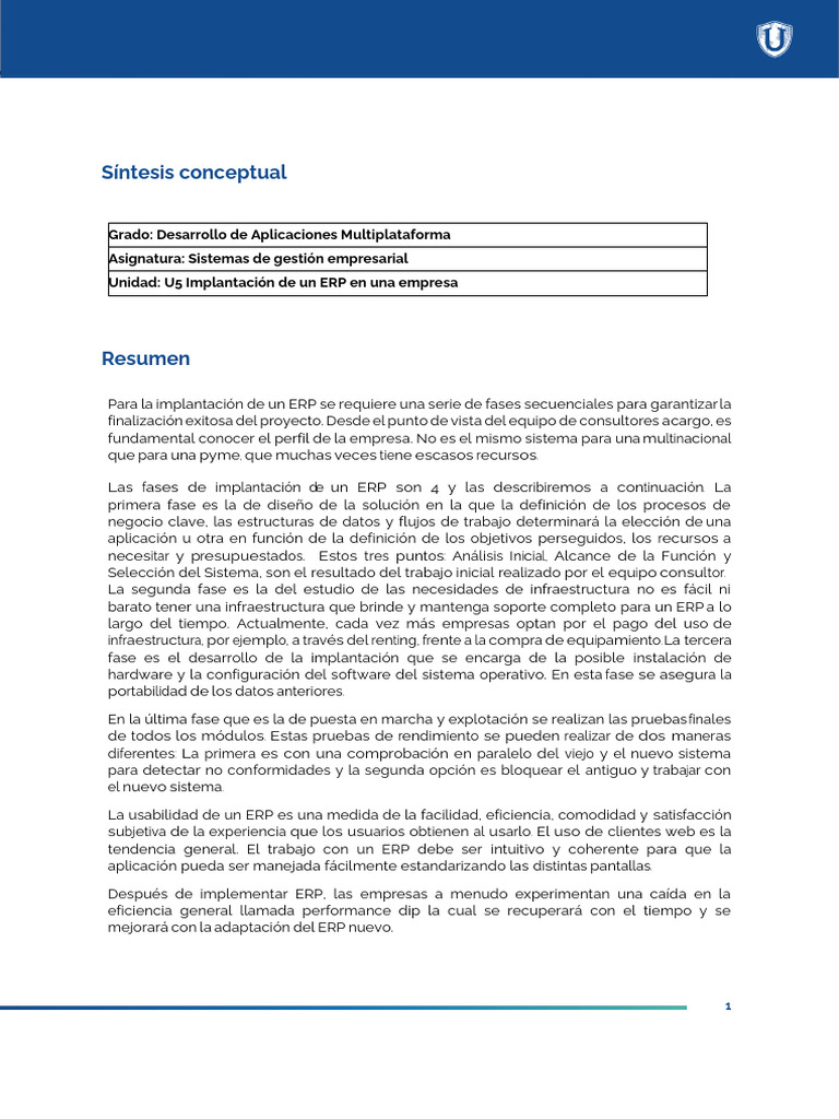 U5 RESUMEN Implantación de Un ERP en Una Empresa | PDF | Planificación de recursos empresariales ...