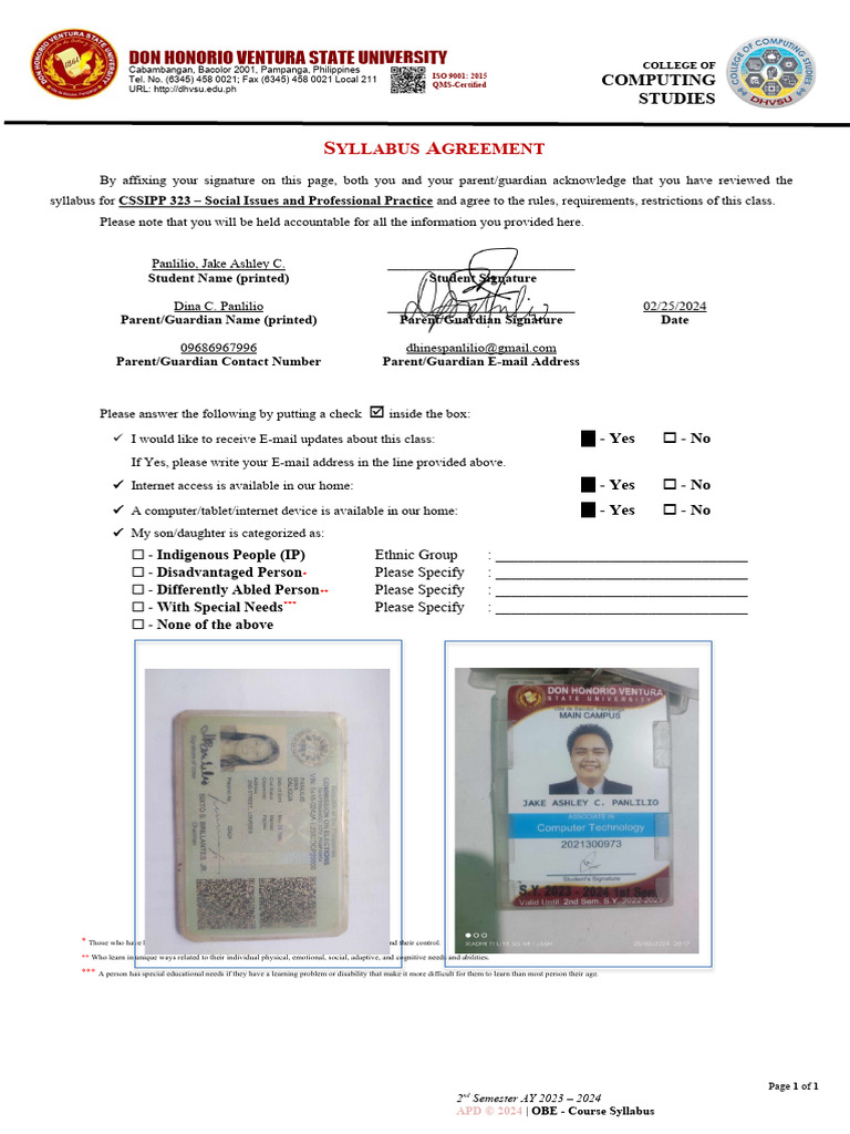 Syllabus Agreement SurveyBSCS3A CSSIPP323 | PDF | Internet | Cyberspace